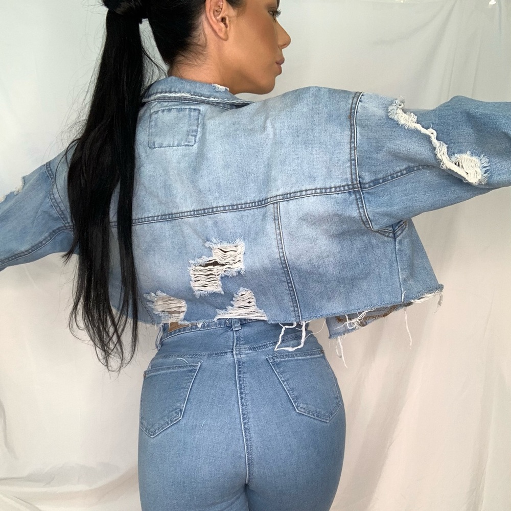 Vintage Cropped Ripped Jean Jacket - Gem